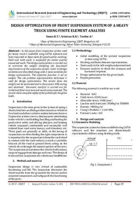 Pdf Design Optimization Of Front Suspension System Of A Heavy Truck Using Finite Element Analysis