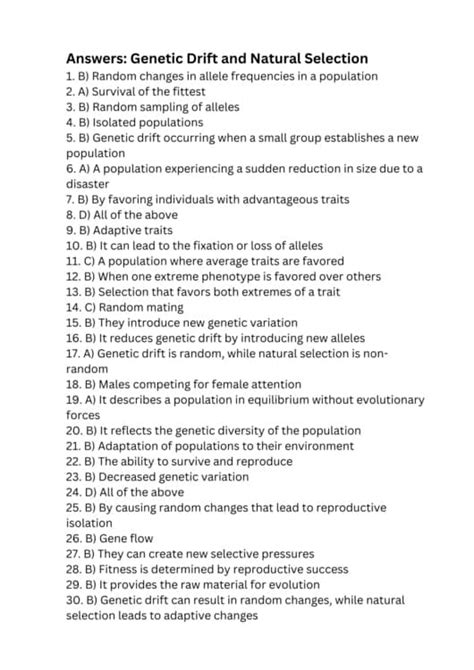 30 Quiz Questions — Genetic Drift And Natural Selection Biology By Pench