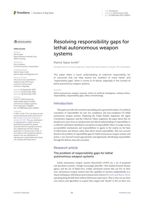 Pdf Resolving Responsibility Gaps For Lethal Autonomous Weapon Systems