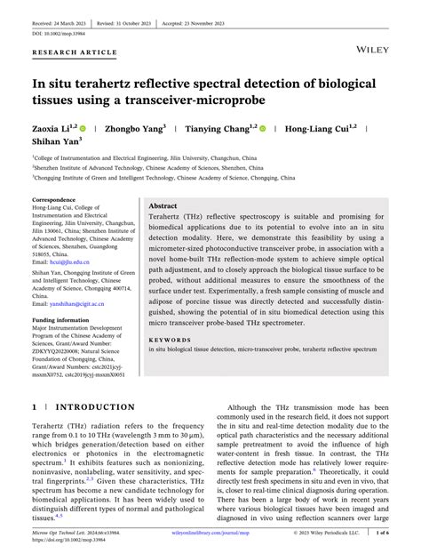 In Situ Terahertz Reflective Spectral Detection Of Biological Tissues Using A Transceiver‐microprobe