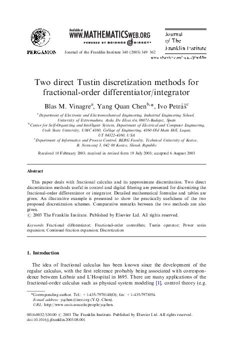 Pdf Two Direct Tustin Discretization Methods For Fractional Order Differentiator Integrator