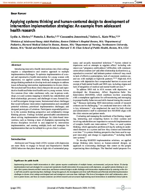 Pdf Applying Systems Thinking And Human Centered Design To Development Of Intervention