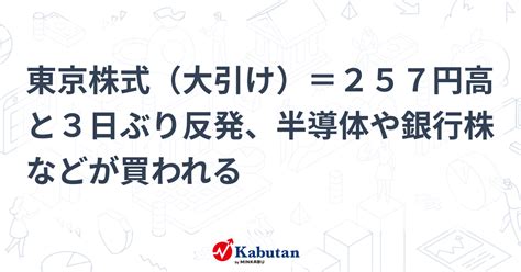 東京株式（大引け）＝257円高と3日ぶり反発、半導体や銀行株などが買われる 市況 株探ニュース