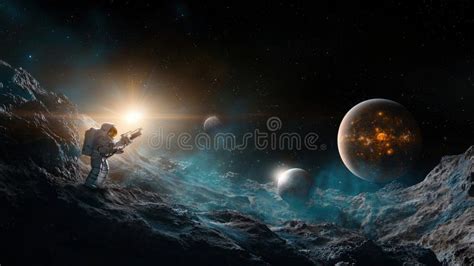 Astronauts Exploring A Cosmic Landscape Outer Space Digital Art Celestial Environment Wide Angle