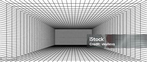 와이어프레임 그리드 룸 3d 원근감 배경입니다 미래 지향적인 디지털 개요 공간 흑백 기하학적 치수 디자인 벡터 템플릿 그림 3차원 형태에 대한 스톡 벡터 아트 및 기타