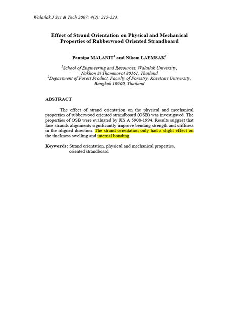 Effect Of Strand Orientation On Physical And Mechacal Properties Of Rubberwood Osb Pdf