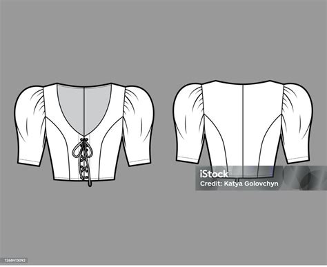 짧은 소매 부풀어 오른 어깨 몸에 맞는 크롭 레이스 업 탑 테크니컬 패션 일러스트 플랫 셔츠 0명에 대한 스톡 벡터 아트 및 기타 이미지 Istock