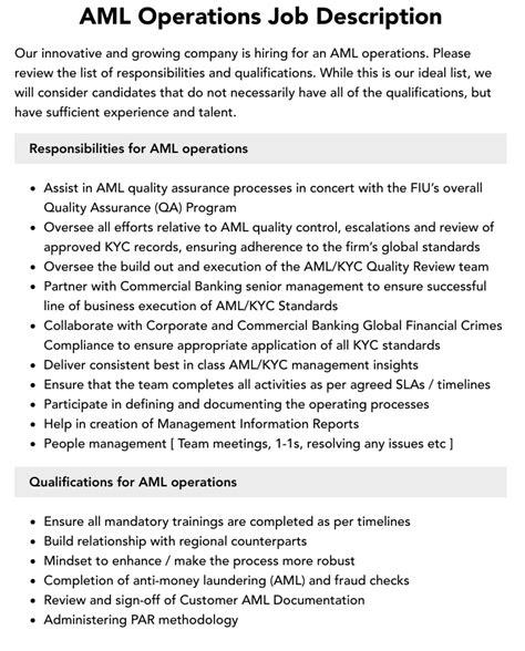 Aml Operations Job Description Velvet Jobs