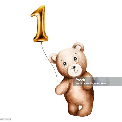 수채화 귀여운 만화 테디 베어 금색 호일 풍선 번호 1 끈에 손으로 그린 아기 그림은 흰색 배경에 고립되어 있습니다 아기 및 어린이 신생아 축 하 디자이너 인쇄물 베이비