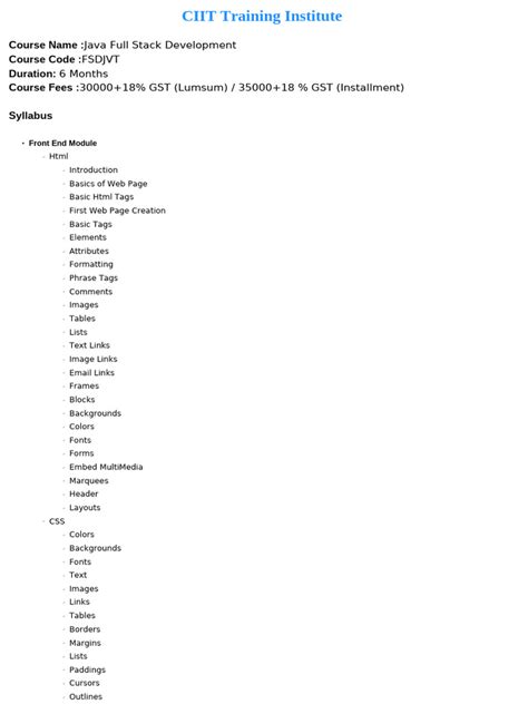Java Full Stack Developement Syllabus Pdf Spring Framework Html