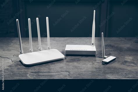 Three Different Types Of Wi Fi Routers Modern And Old Technology Wireless Ethernet Connection