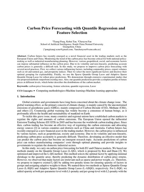 Carbon Price Forecasting With Quantile Regression And Feature Selection Pdf Regression
