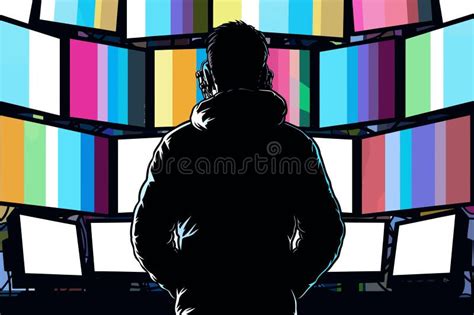 Silhouette Of Hacker In Front Of Multiple Screens Isolated Illustration Stock Vector