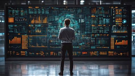 A Man Observes A Large Interactive Display Filled With Data Visualizations Stock Illustration