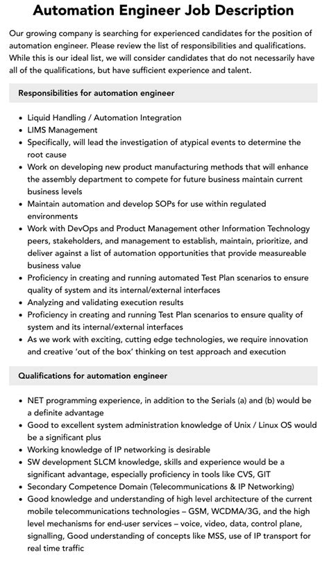 Automation Engineer Job Description Velvet Jobs