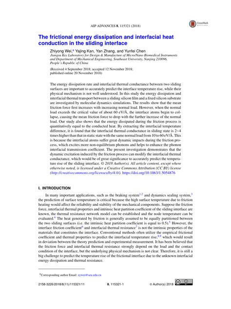 Pdf The Frictional Energy Dissipation And Interfacial Heat Conduction In The Sliding Interface
