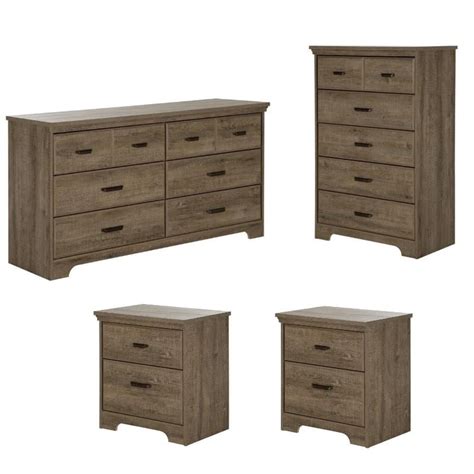 4pcs Wood Double Dresser 5 Drawer Dresser And 2 Nightstands Set In Weathered Oak Bush