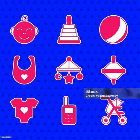 세트 아기 침대 매달려 장난감 모니터 무전기 유모차 Whirligig 옷 턱받이 비치 볼과 작은 소년 머리 아이콘 벡터 0명에 대한 스톡 벡터 아트 및 기타 이미지 Istock