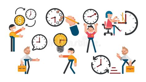 Decorative Set Of Flat Time Management Icons With Working People Stock Vector Illustration Of