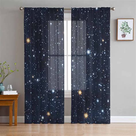 Blue Starry Sky Sheer Curtains 84 Inches Long 2 Panels Set Window