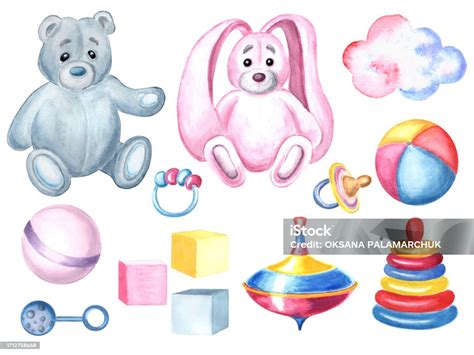 장난감 세트 수채화 어린이 장난감 클립 아트 디자인을 위해 흰색 배경에 손으로 그린 그림 초대장과 카드 장식 스티커 만들기 자수