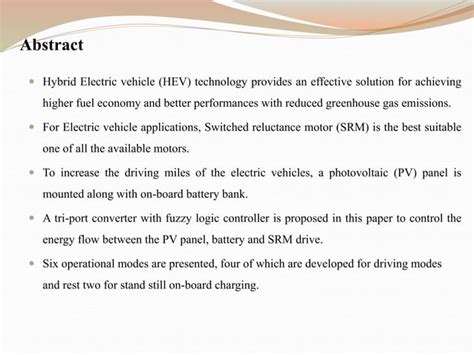 Solar Pv Powered Srm Drive For Evs With Flexible Energy Control Functions Ppt