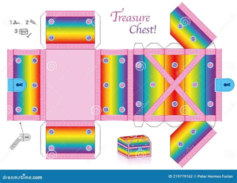 Treasure Chest Rainbow Colored Template Paper Model Sheet Trove Vector Illustration