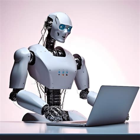 Premium Ai Image Futuristic Robot Using Computer Laptop Ai Generated