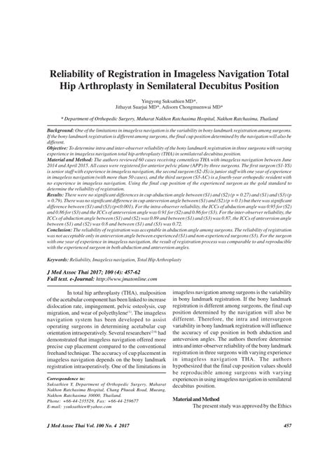 Pdf Reliability Of Registration In Imageless Navigation Total Hip Arthroplasty In Semilateral