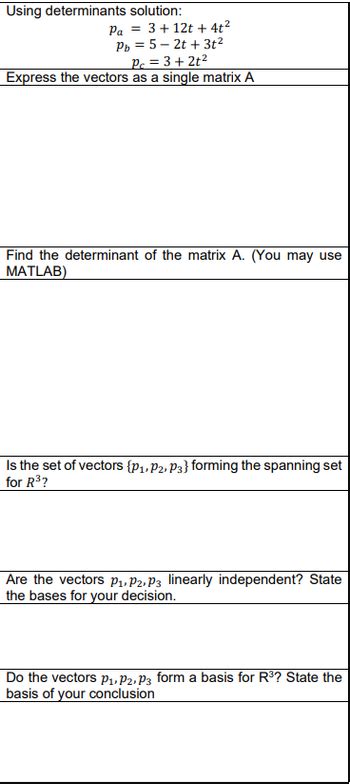 Answered Using Determinants Solution Pa 3 12t 4t² Pb 5 2t 3t² Pc 3 2t² Express The