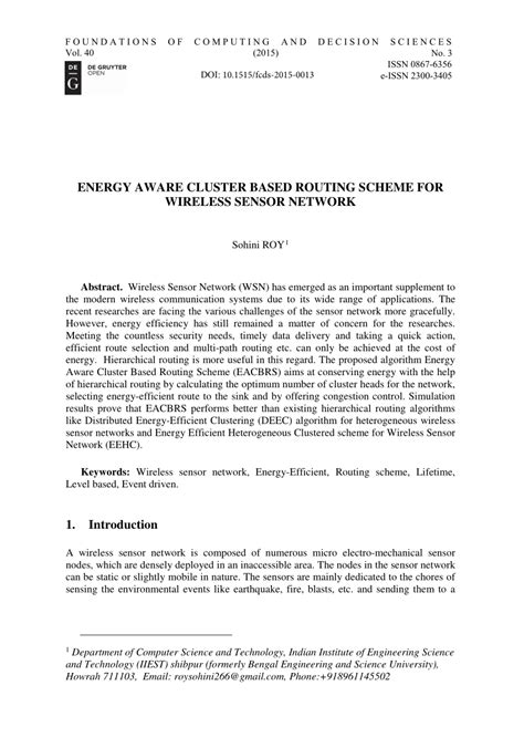 Pdf Energy Aware Cluster Based Routing Scheme For Wireless Sensor Network