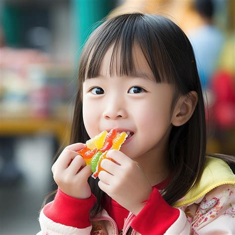 Premium Ai Image Little Asian Girl Eating Colorful Gummy Candies