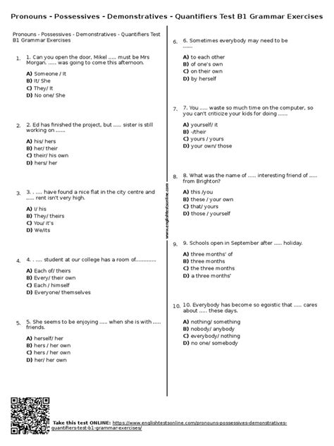 Pronouns Possessives Demonstratives Quantifiers Test B1 Grammar Exercises Pdf