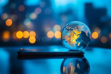 Mobile Device With Globe Display Against Blurred City Background Stock Illustration