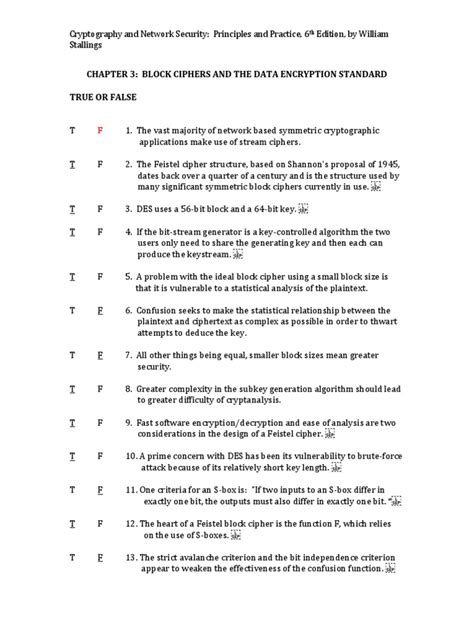 Chapter 3 Block Ciphers And The Data Encryption Standard True Or False