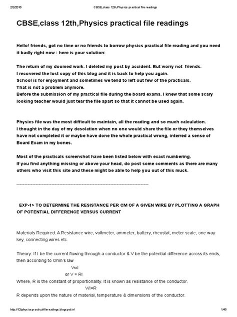 Cbse Class 12th Physics Practical File Readings Pdf Lens Optics Optics