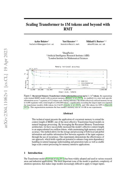 Scaling Transformer To 1m Tokens And Beyond With Rmt Arxiv230411062 Pdf Computational