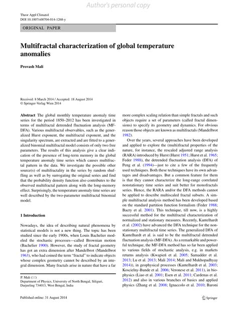 Pdf Multifractal Characterization Of Global Temperature Anomalies
