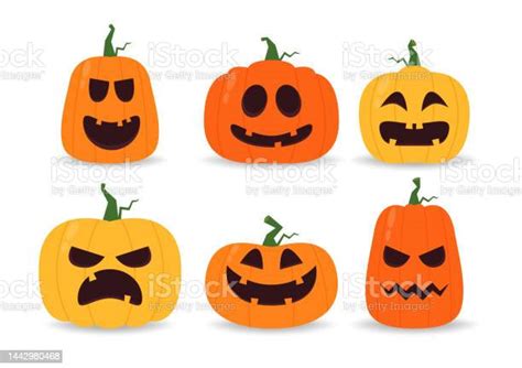 호박 머리 세트입니다 귀엽고 무서운 할로윈 호박 괴물 세트 휴일 만화 캐릭터 플랫 스타일 컬렉션입니다 10월에 대한 스톡 벡터 아트 및 기타 이미지 Istock