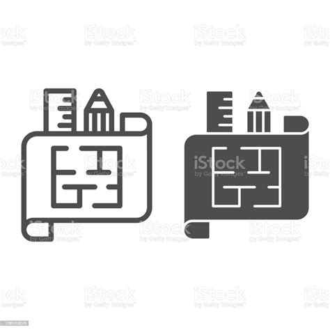 눈금자와 연필 라인과 단단한 아이콘 인테리어 디자인 개념 흰색 배경에 건축 집 계획 표지판 윤곽 스타일의 집 계획 아이콘종이에 집 계획 벡터 그래픽 가정의 방에 대한 스톡