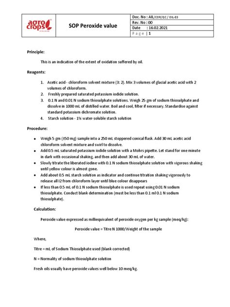 Peroxide Value Sop Pdf Titration Chemistry