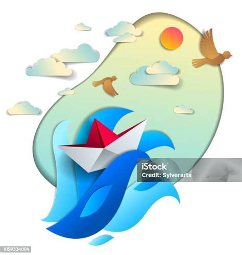 바다 파도에 수영 하는 종이 배 종이 접기 장난감 보트 새와 구름 하늘 벡터 일러스트 레이 션에에서 아름 다운 경치 좋은 바다와 바다에 떠 접혀 3차원 형태에 대한 스톡