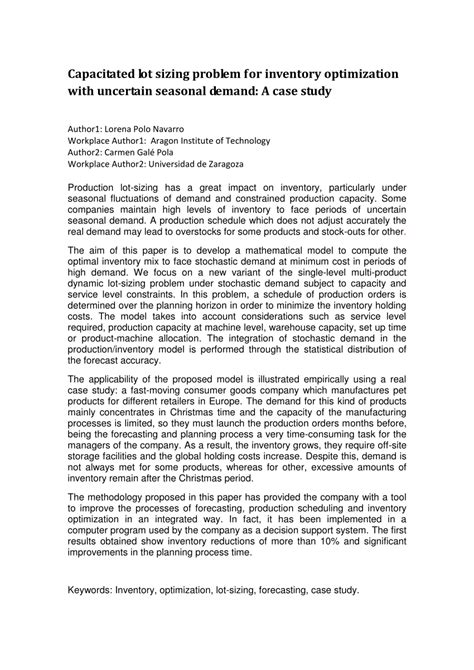 Pdf Capacitated Lot Sizing Problem For Inventory Optimization With