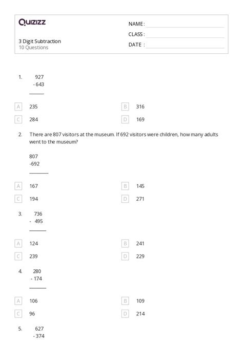 50 Subtraction Worksheets For 4th Class On Quizizz Free Printable