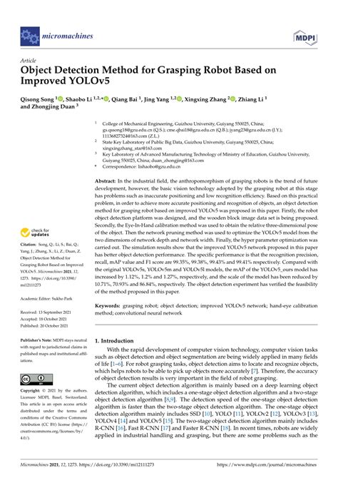 Pdf Object Detection Method For Grasping Robot Based On Improved Yolov5