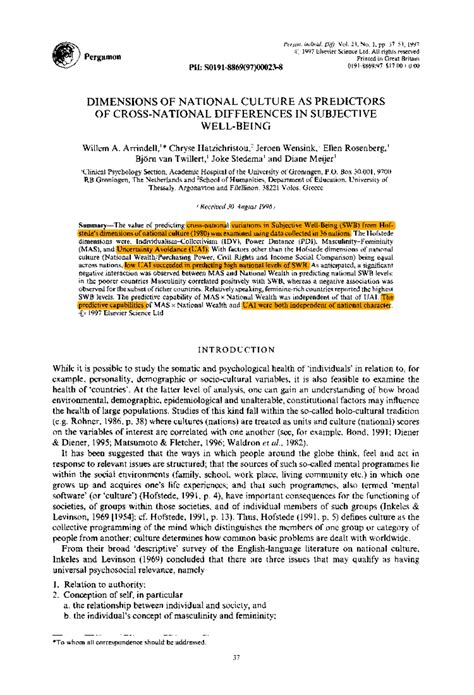 Arrindel Et Al Dimensions Of National Culture As Predictors Of Cross National Differences In