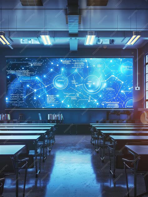 Modern Classroom With Futuristic Data Visualization On Screen A Modern Classroom With Empty D