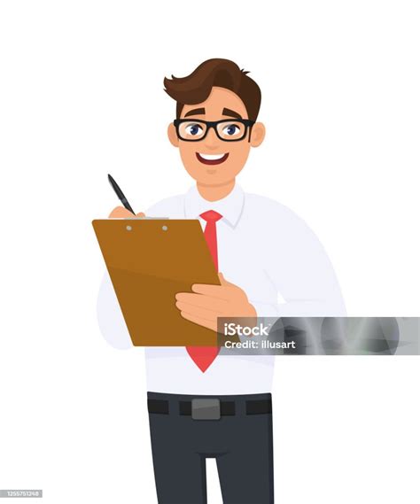 클립보드를 들고 펜으로 글을 쓰는 젊은 사업가 파일 이나 체크리스트를 확인 하는 트렌디 한 사람 폴더 문서 또는 보고서를 보관하는 남성 문자입니다 벡터 스타일의 만화