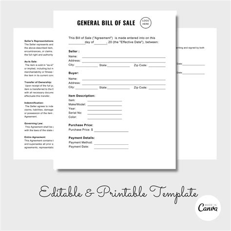 General Bill Of Sale Bill Of Sale Template Fillable Bill Of Sale Pdf