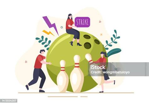 사람들은 스포츠 클럽 또는 활동 대회에서 핀 공 및 스코어 보드가있는 볼링 게임 손으로 그린 만화 플랫 디자인 일러스트 레이 션을 재생합니다 경기 스포츠에 대한 스톡 벡터